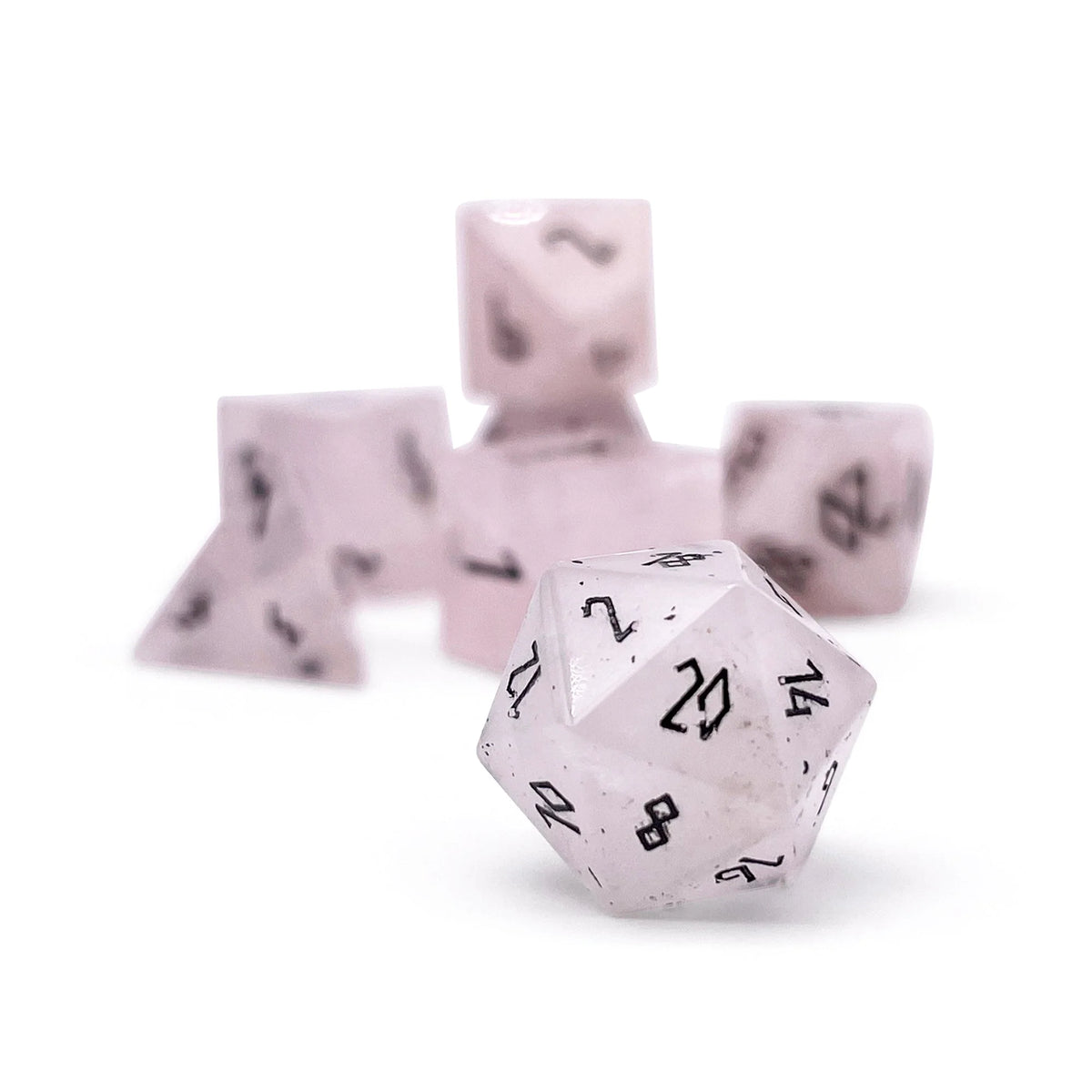 Norse Foundry: Rose Quartz - Black Font Pebble RPG Set Gemstone Dice ...