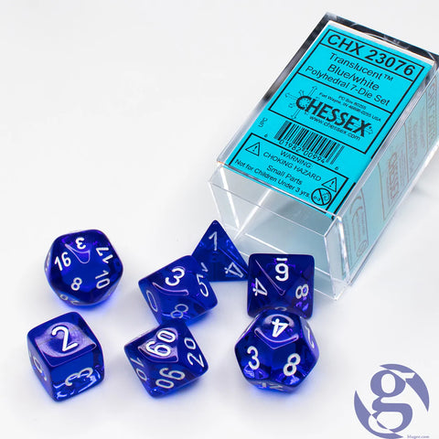 Chessex Dice: Translucent: Poly Blue/White Revised 7-Die set – Gongaii ...